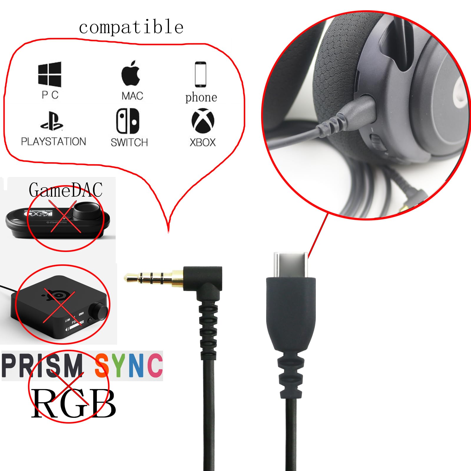 NewFantasia Replacement Audio Cable USB-C Male Compatible with SteelSeries Arctis Nova 3 Gaming Headset 2meters/6.6feet