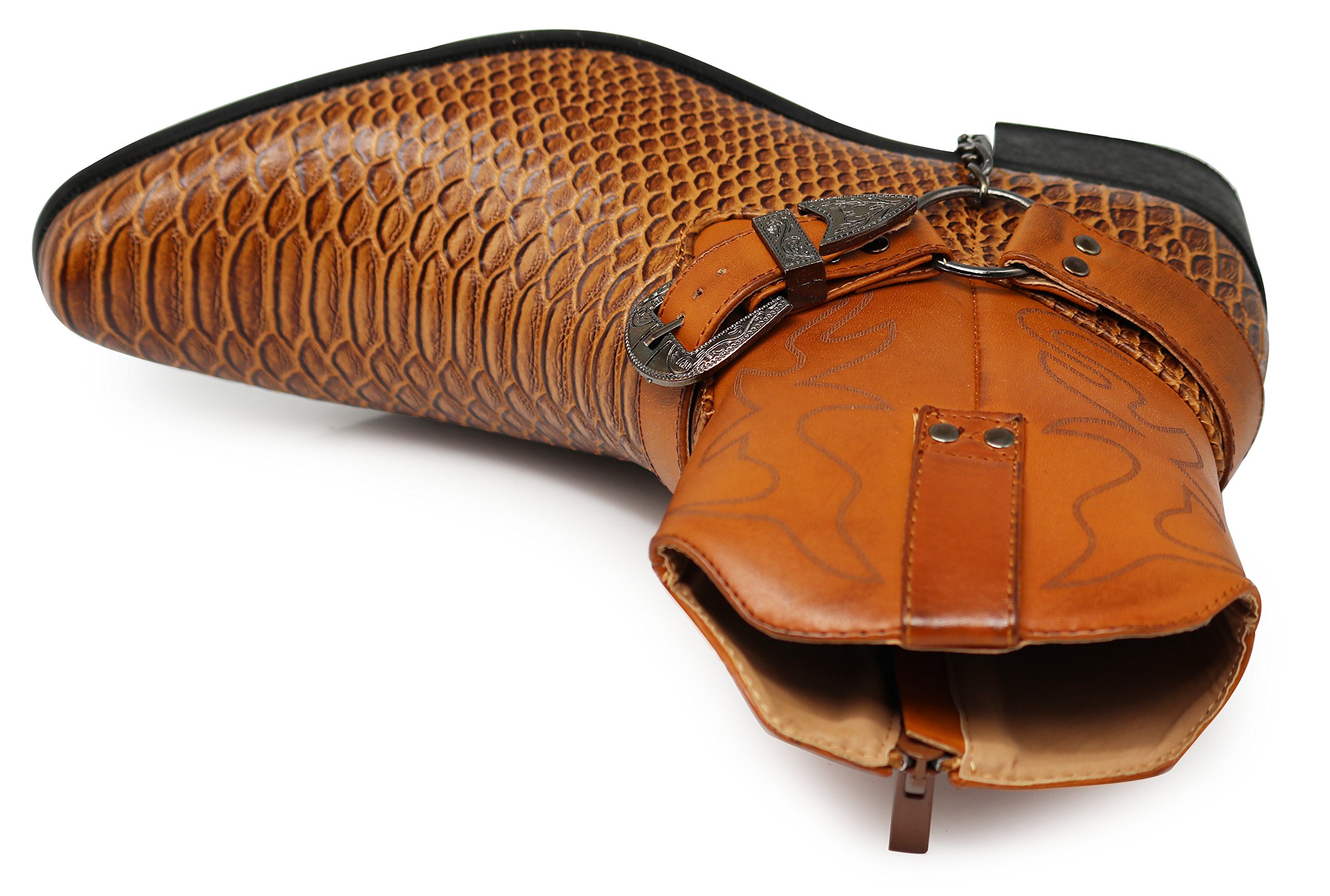 Alberto Fellini Men's Crocodile Prints Western Cowboy Boots with Side Zipper, Belt Buckle and Metal Chain (10.5, Brown)