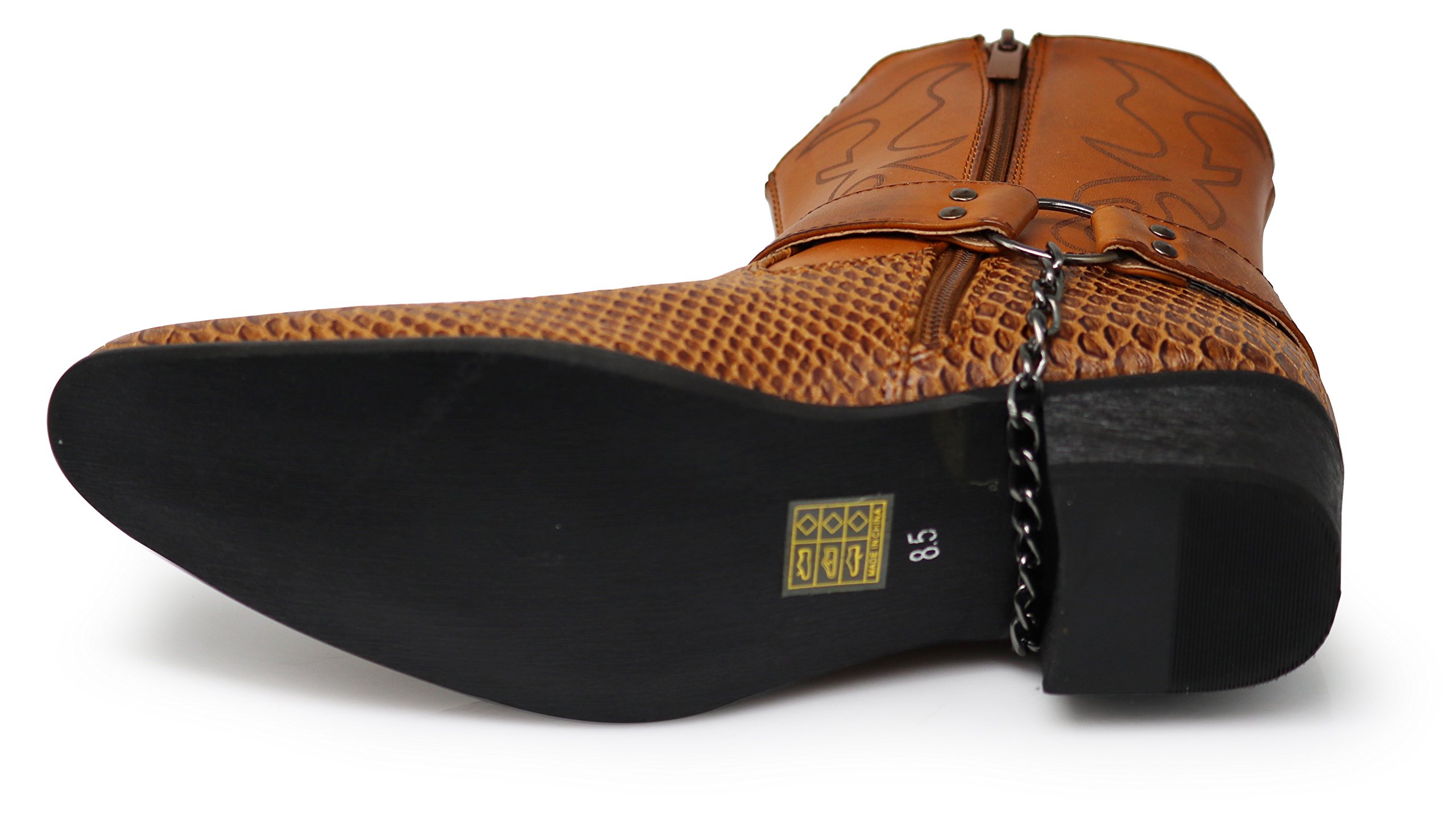 Alberto Fellini Men's Crocodile Prints Western Cowboy Boots with Side Zipper, Belt Buckle and Metal Chain (10.5, Brown)