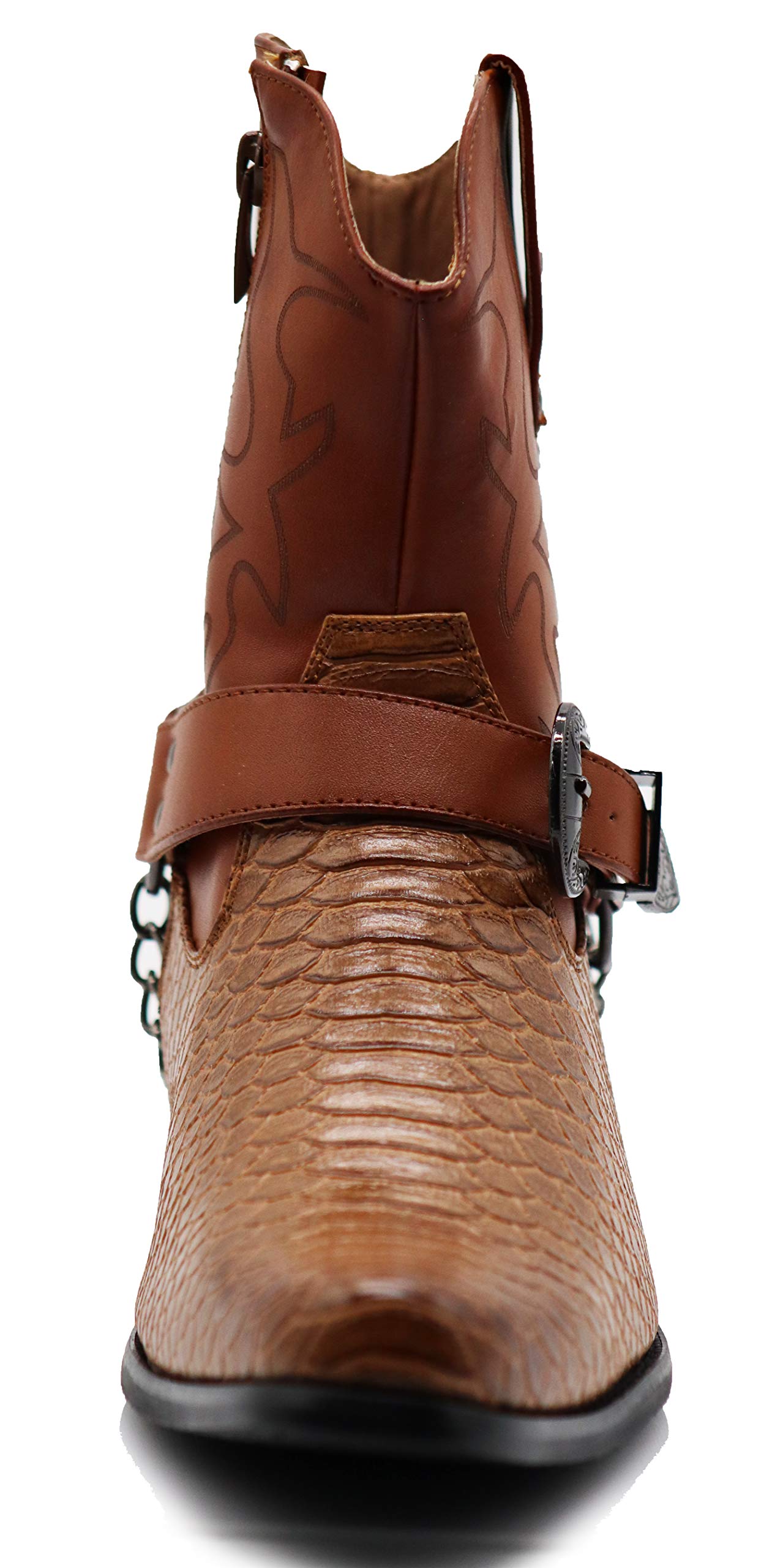 Alberto Fellini Men's Crocodile Prints Western Cowboy Boots with Side Zipper, Belt Buckle and Metal Chain (10.5, Brown)