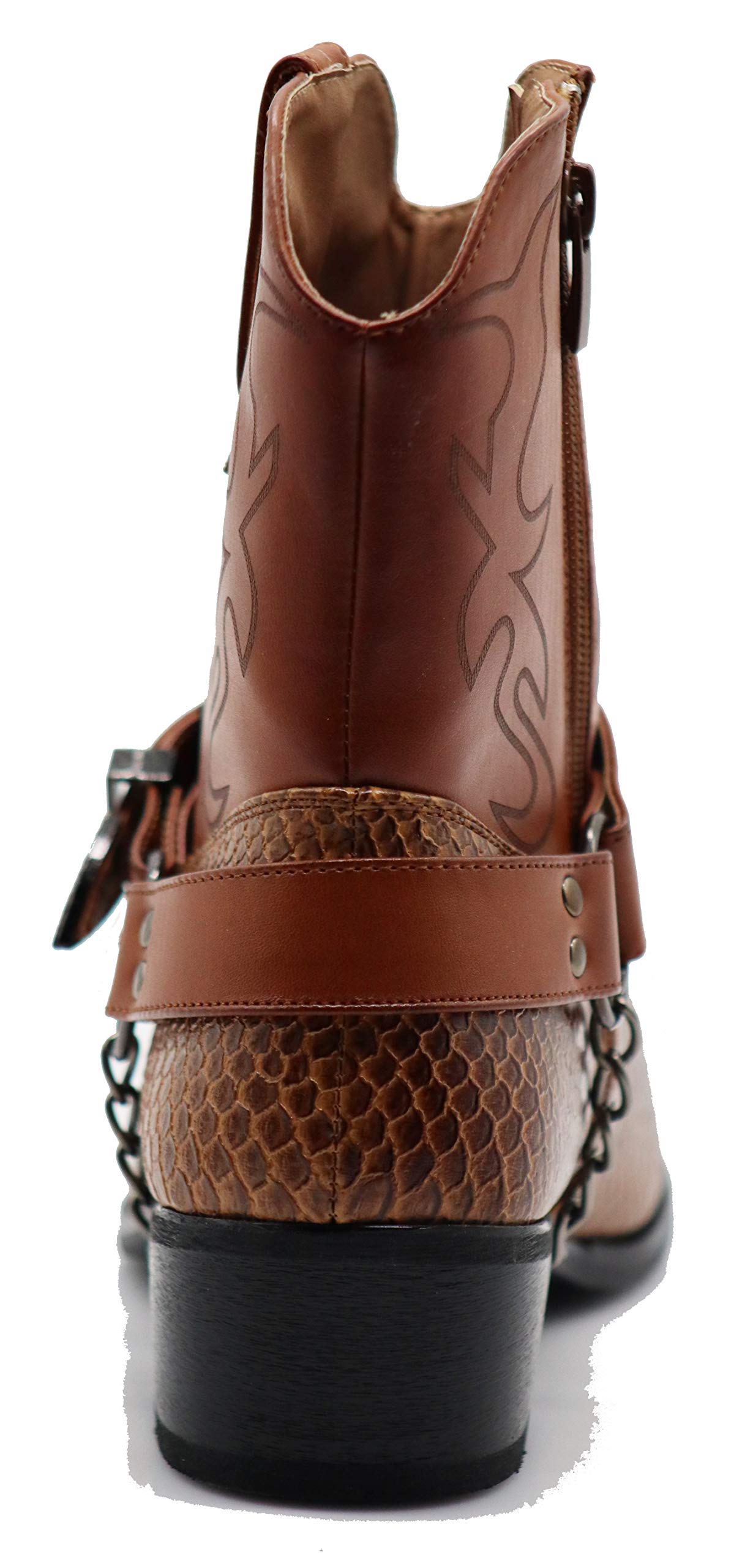 Alberto Fellini Men's Crocodile Prints Western Cowboy Boots with Side Zipper, Belt Buckle and Metal Chain (10.5, Brown)