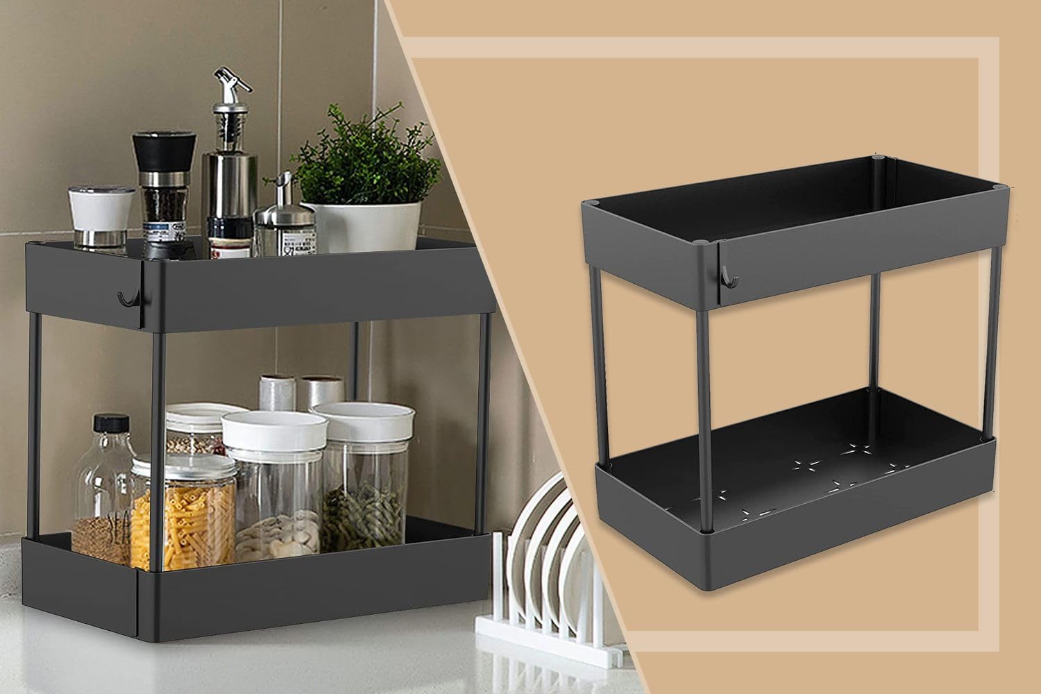 2PC Under Sink Storage Organizer Set Black, Under Sink Storage For kitchen And Bathroom, Multi Purpose Cabinet Storage