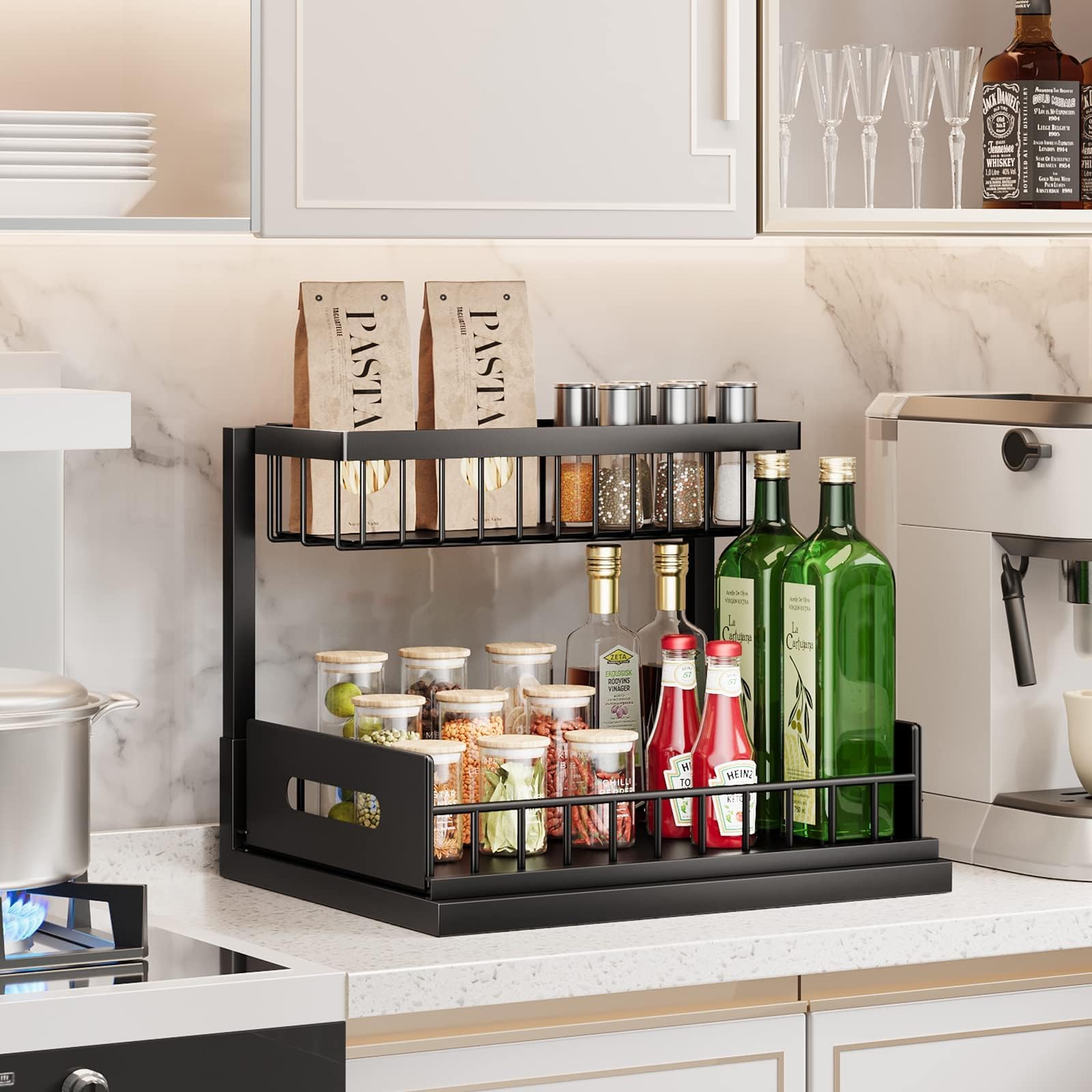 Solidhouse Under Sink Organizer, 2-Tier Under Sink Organizers and Storage No Drilling Rustproof Stainless Steel Pull Out Cabinet Organizer for Kitchen Bathroom