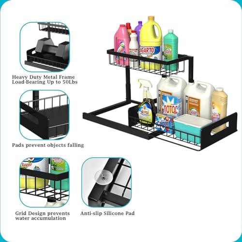 EFLALYHG Sink Organizer with Sliding Bottom Design Kitchen Organizer, Double Under Sink Bathroom Organizer, 2 Tier Pull Out Sliding Cabinet Organizer
