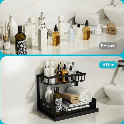 EFLALYHG Sink Organizer with Sliding Bottom Design Kitchen Organizer, Double Under Sink Bathroom Organizer, 2 Tier Pull Out Sliding Cabinet Organizer