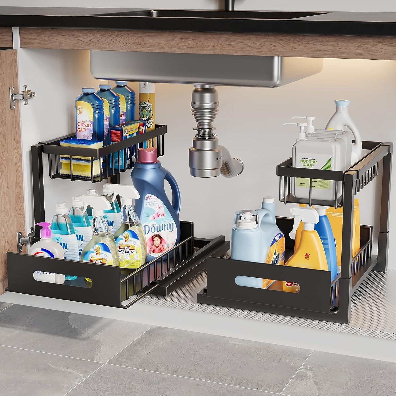 Solidhouse Under Sink Organizer, 2-Tier Under Sink Organizers and Storage No Drilling Rustproof Stainless Steel Pull Out Cabinet Organizer for Kitchen Bathroom