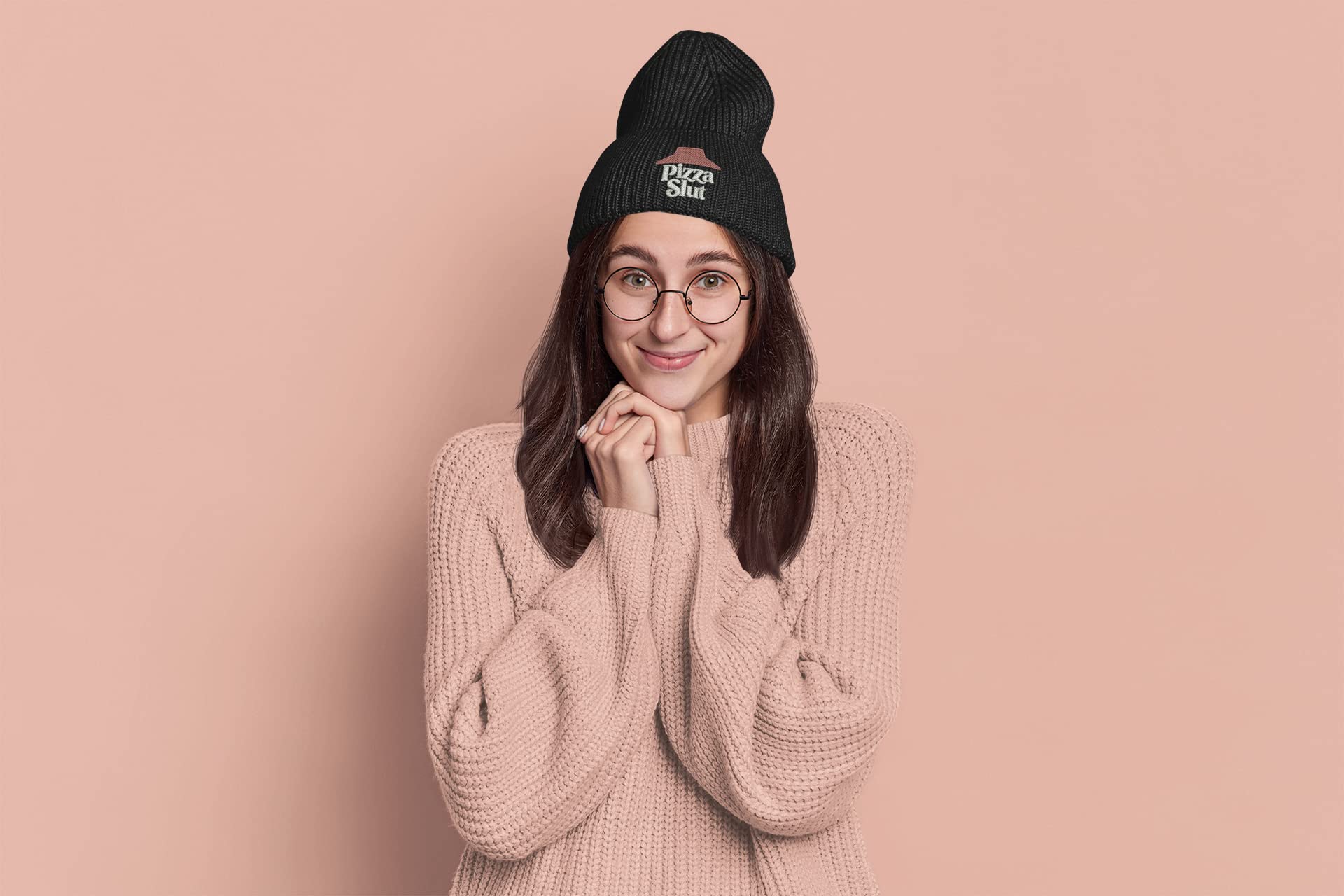 ALLNTRENDS Pizza Slut Embroidered Beanie Warm Hat Winter Cap Adult Graphic Beanies (Navy Blue)