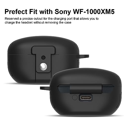 [Secure Lock] Case Cover Compatible with Sony WF-1000XM5, Silicone Case for Sony WF-1000XM5 Earbuds, Shockproof Anti Scratch Case Protective Cover with Carabiner and Lanyard (Black)
