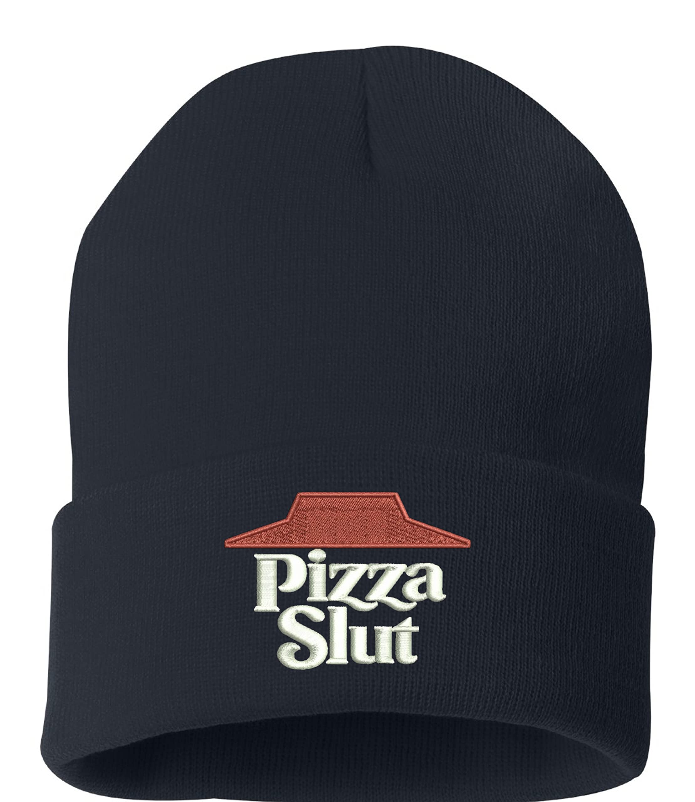 ALLNTRENDS Pizza Slut Embroidered Beanie Warm Hat Winter Cap Adult Graphic Beanies (Navy Blue)