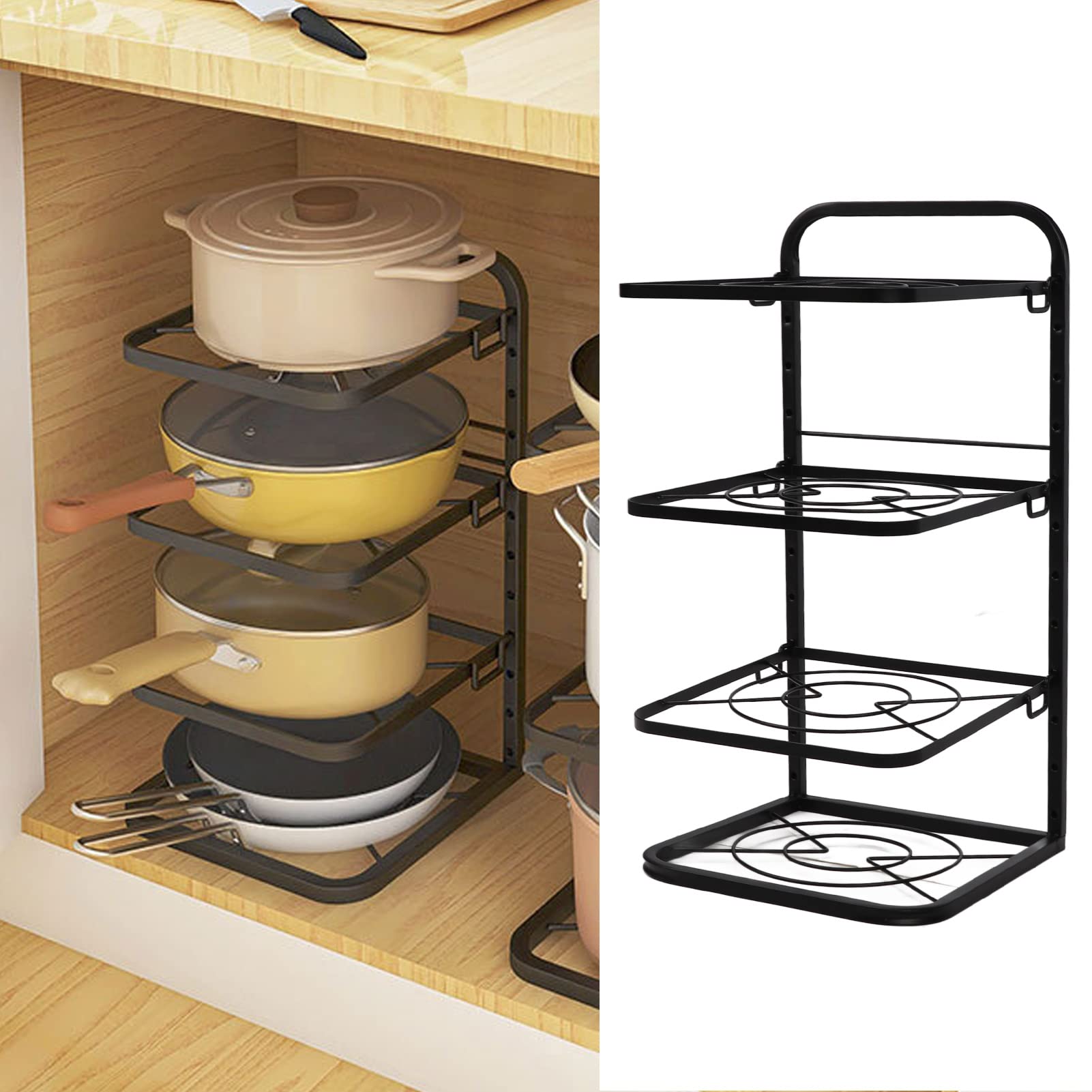STARNOONTEK Under Sink Organizers and Storage, Kitchen 4 Tiers Adjustable Pots Organizer Space Saving Pan Rack for Under Sink Cabinet Countertopm,Black