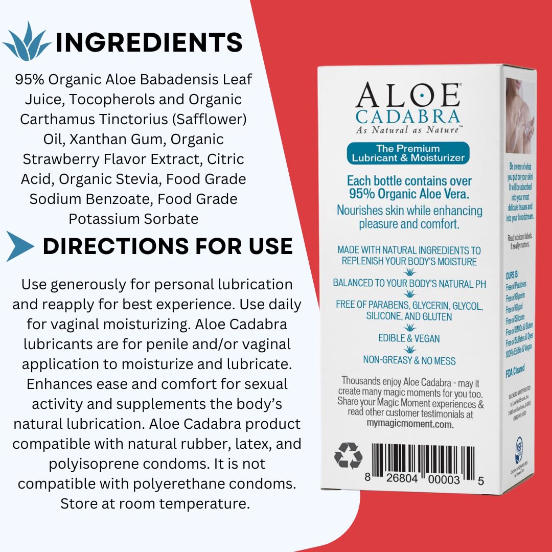 Aloe Cadabra Flavored Personal Lubricant and Vaginal Moisturizer, Organic Edible Aloe Lube for Men, Women and Couples, Non-Staining, pH Balanced, Toy Compatible (Strawberry, 2.5 Ounces, 1 Pack)