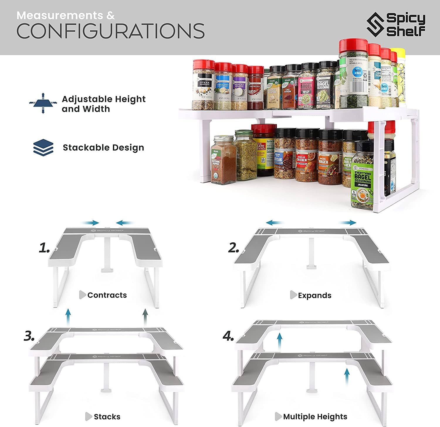 Spicy Shelf - Expandable 2 Tiered Spice Rack Organizer for Cabinet & Pantry - Kitchen Seasoning Organizer - Cabinet Spice Racks for Inside Cabinets - Seasoning Organization Storage Shelf