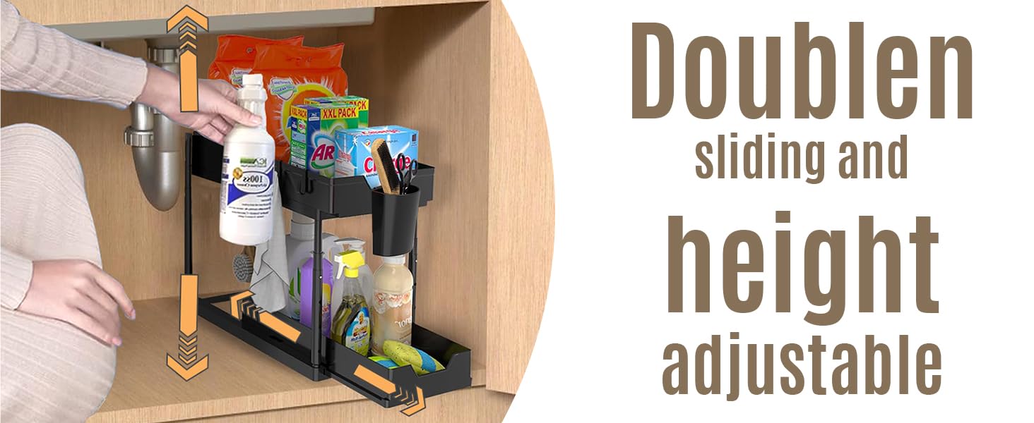 Chiaamo, Under Sink Organizers and Storage 2-Tier Sliding Shelf, 1 Sliding Organizer for countertop or Under The Sink with 4 Telescopic Tubes That Allows You to Adjust The Height to Your Need.