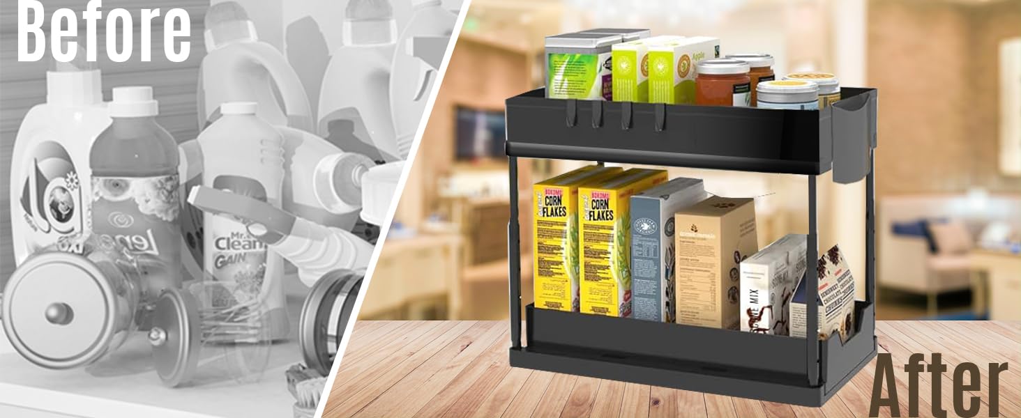 Chiaamo, Under Sink Organizers and Storage 2-Tier Sliding Shelf, 1 Sliding Organizer for countertop or Under The Sink with 4 Telescopic Tubes That Allows You to Adjust The Height to Your Need.