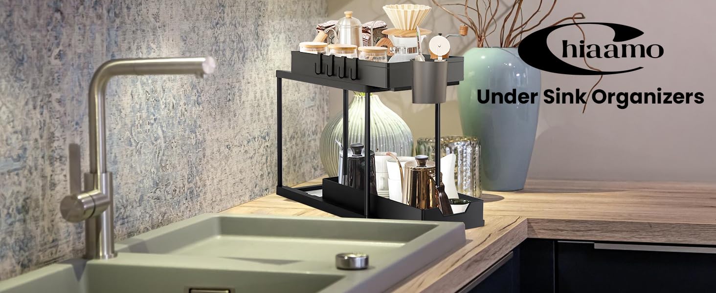 Chiaamo, Under Sink Organizers and Storage 2-Tier Sliding Shelf, 1 Sliding Organizer for countertop or Under The Sink with 4 Telescopic Tubes That Allows You to Adjust The Height to Your Need.