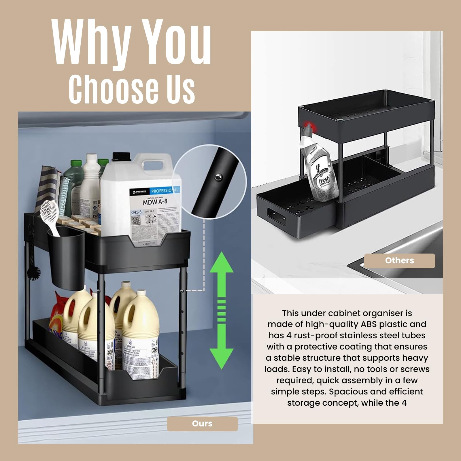 Chiaamo, Under Sink Organizers and Storage 2-Tier Sliding Shelf, 1 Sliding Organizer for countertop or Under The Sink with 4 Telescopic Tubes That Allows You to Adjust The Height to Your Need.