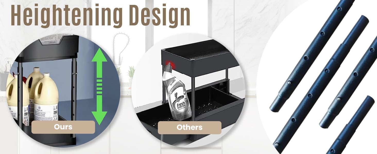 Chiaamo, Under Sink Organizers and Storage 2-Tier Sliding Shelf, 1 Sliding Organizer for countertop or Under The Sink with 4 Telescopic Tubes That Allows You to Adjust The Height to Your Need.