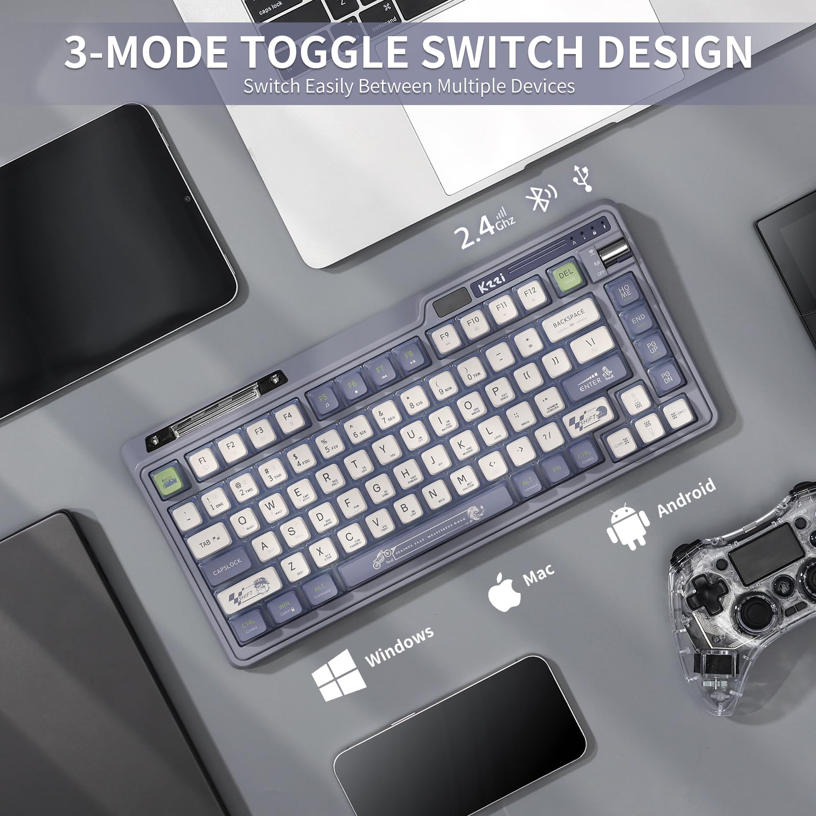 KZZI K75 PRO RGB 75% Wireless Gasket Mechanical Keyboard, Triple Mode BT 5.0/2.4G/USB-C 82 Keys Hot Swappable Gaming Keyboard w/Knob & Power Display, Custom Linear Switches, Purple Gray