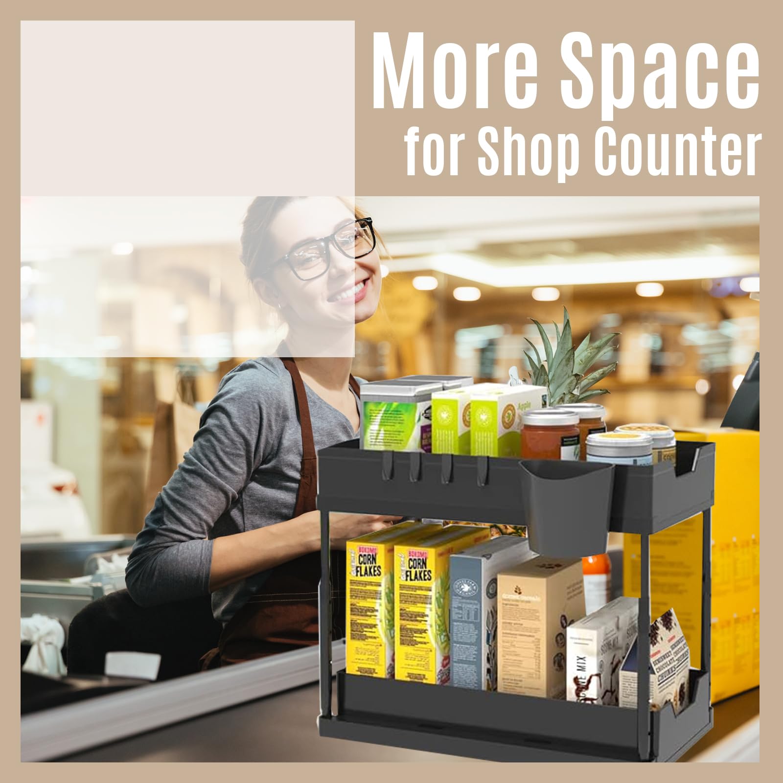 Chiaamo, Under Sink Organizers and Storage 2-Tier Sliding Shelf, 1 Sliding Organizer for countertop or Under The Sink with 4 Telescopic Tubes That Allows You to Adjust The Height to Your Need.