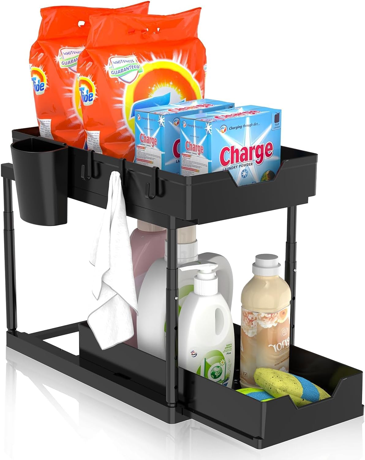 Chiaamo, Under Sink Organizers and Storage 2-Tier Sliding Shelf, 1 Sliding Organizer for countertop or Under The Sink with 4 Telescopic Tubes That Allows You to Adjust The Height to Your Need.
