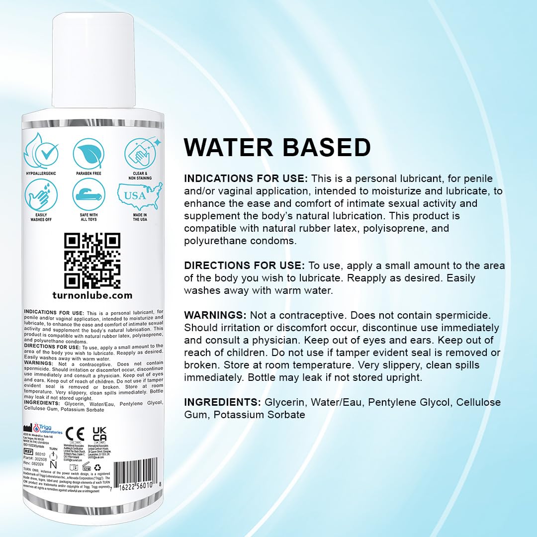 Turn On Water-Based Premium Personal Lubricant | Long Lasting, Ph Balanced, Hypoallergenic, Condom Safe Lube for Men, Women, and Couples, 12 fl oz