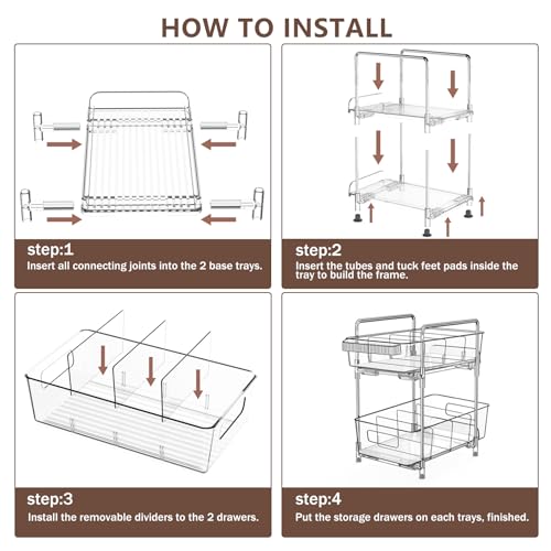 FEIMADA Under Sink Organizers and Storage 2 Packs, 2 Tier Bathroom Organizer Clear Pull out Cabinet Organizer for Bathroom Storage Kitchen Pantry Storage, Medicine Cabinet Organizer with Dividers