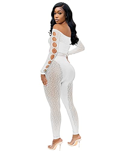 Uni Clau Women Off Shoulder Bodycon Jumpsuit Sexy Long Sleeve Mesh Sheer Long Pant Set Romper See-Through Playsuit White M