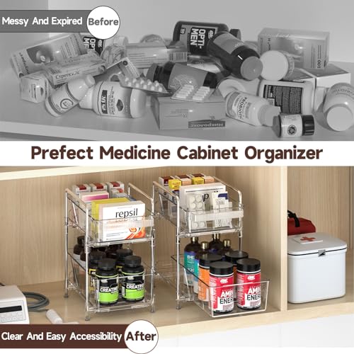 FEIMADA Under Sink Organizers and Storage 2 Packs, 2 Tier Bathroom Organizer Clear Pull out Cabinet Organizer for Bathroom Storage Kitchen Pantry Storage, Medicine Cabinet Organizer with Dividers