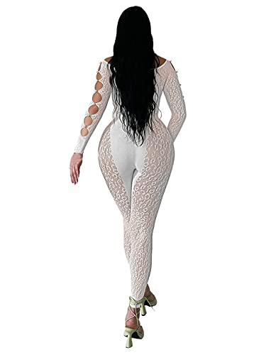 Uni Clau Women Off Shoulder Bodycon Jumpsuit Sexy Long Sleeve Mesh Sheer Long Pant Set Romper See-Through Playsuit White M