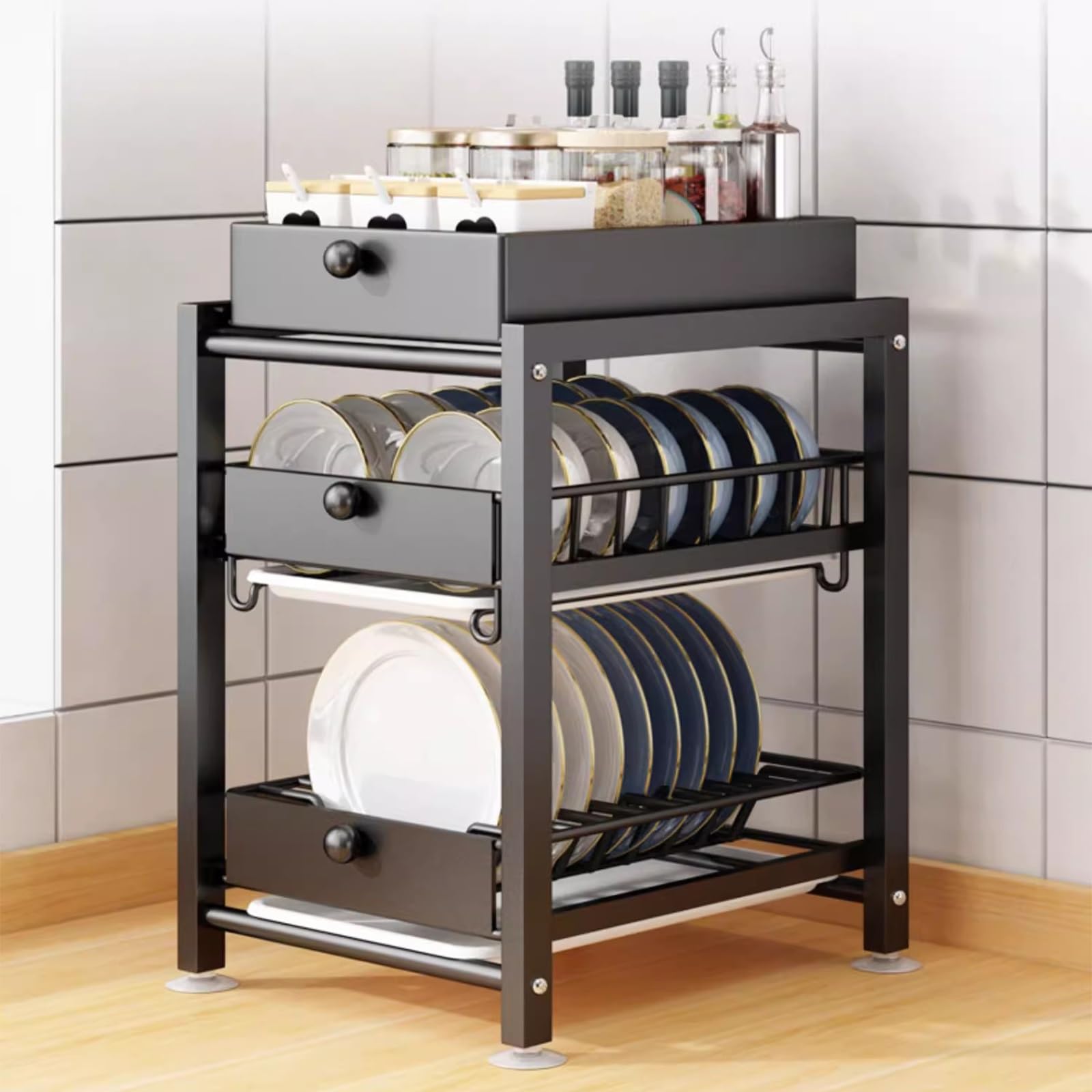Under Sink Organizers And Storage, 3 Tier Kitchen Sink Organizer Heavy Duty Slide Out Organizer For Cabinets Bathroom Kitchen (Color : Black)