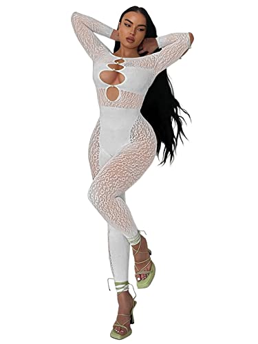 Uni Clau Women Off Shoulder Bodycon Jumpsuit Sexy Long Sleeve Mesh Sheer Long Pant Set Romper See-Through Playsuit White M