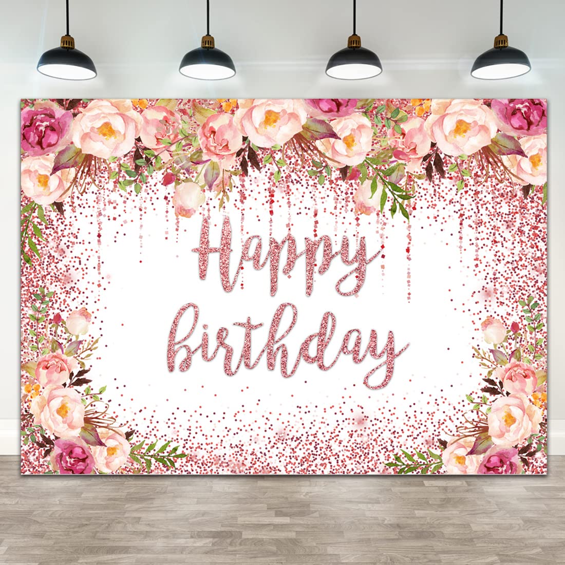 Wollmix Happy Birthday Banner Backdrop Decorations 7x5ft Party Sweet 16 Girls Women Pink Florals Glitter Rose Gold Dots Photography Background Supplies Photo Booth Studio Cake Table