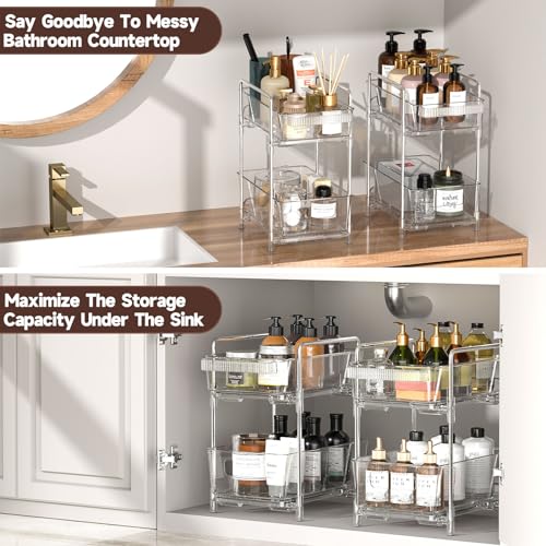 FEIMADA Under Sink Organizers and Storage 2 Packs, 2 Tier Bathroom Organizer Clear Pull out Cabinet Organizer for Bathroom Storage Kitchen Pantry Storage, Medicine Cabinet Organizer with Dividers