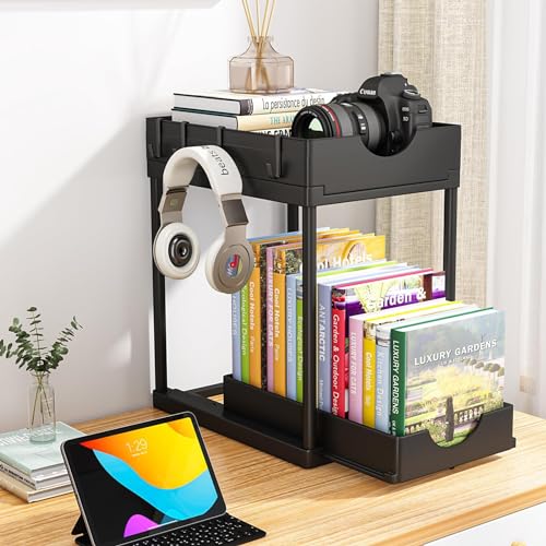 2 Pack Under Sink Organizer,Bathroom Cabinet Organizer, 2 Tier Sliding Cabinet Organizer Drawer with 8 Hooks Pull Out Cabinet Organizer Multi-Purpose Organizer for Bathroom Kitchen (Black x 2)