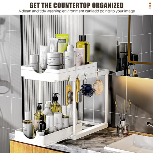 2 Pack Under Sink Organizer,Bathroom Cabinet Organizer, 2 Tier Sliding Cabinet Organizer Drawer with 8 Hooks Pull Out Cabinet Organizer Multi-Purpose Organizer for Bathroom Kitchen (Black x 2)