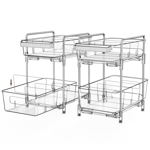 FEIMADA Under Sink Organizers and Storage 2 Packs, 2 Tier Bathroom Organizer Clear Pull out Cabinet Organizer for Bathroom Storage Kitchen Pantry Storage, Medicine Cabinet Organizer with Dividers