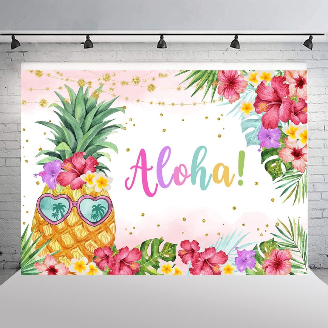 Wollmix Hawaiian Aloha Party Decorations Birthday Backdrop Banner 7x5ft Summer Tropical Beach Photography Background Baby Shower Glitter Gold Dots Floral Pineapple Photo Booth Studio Props Cake Table