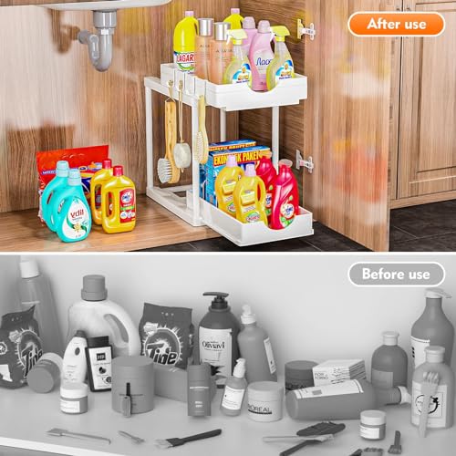 2 Pack Under Sink Organizer,Bathroom Cabinet Organizer, 2 Tier Sliding Cabinet Organizer Drawer with 8 Hooks Pull Out Cabinet Organizer Multi-Purpose Organizer for Bathroom Kitchen (Black x 2)