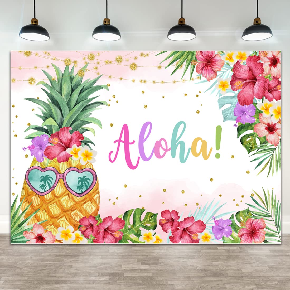 Wollmix Hawaiian Aloha Party Decorations Birthday Backdrop Banner 7x5ft Summer Tropical Beach Photography Background Baby Shower Glitter Gold Dots Floral Pineapple Photo Booth Studio Props Cake Table