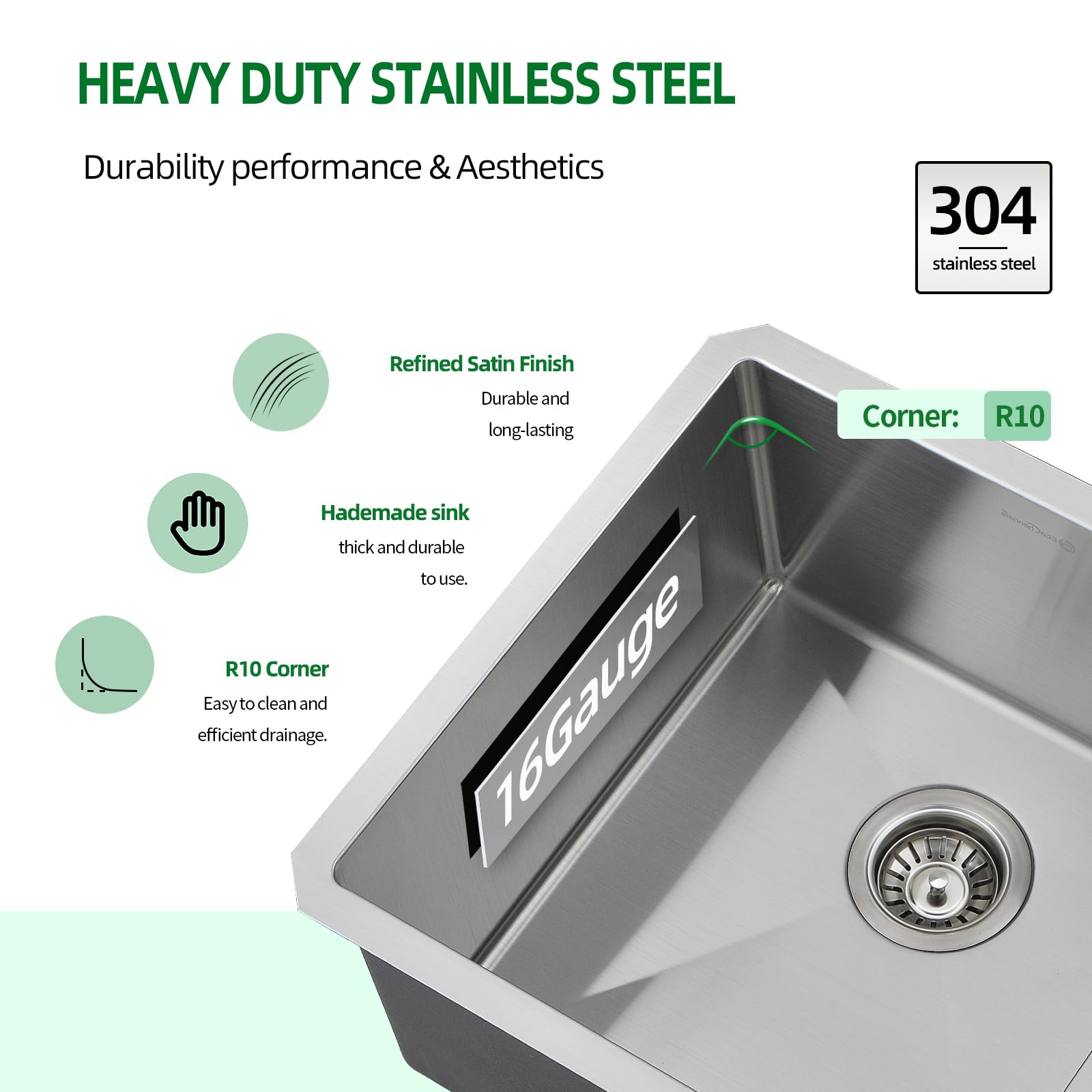 EcoChannels Undermount Kitchen Sink, 18 x 18 x 10 Inch Single Bowl Bar Sink 16 Gauge T-304 Stainless Steel Kitchen Sinks with Accessories