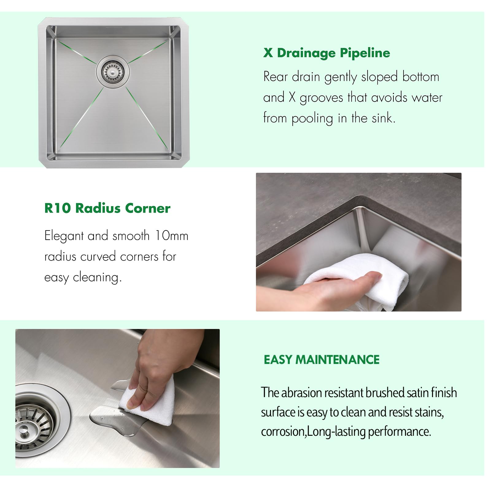 EcoChannels Undermount Kitchen Sink, 18 x 18 x 10 Inch Single Bowl Bar Sink 16 Gauge T-304 Stainless Steel Kitchen Sinks with Accessories