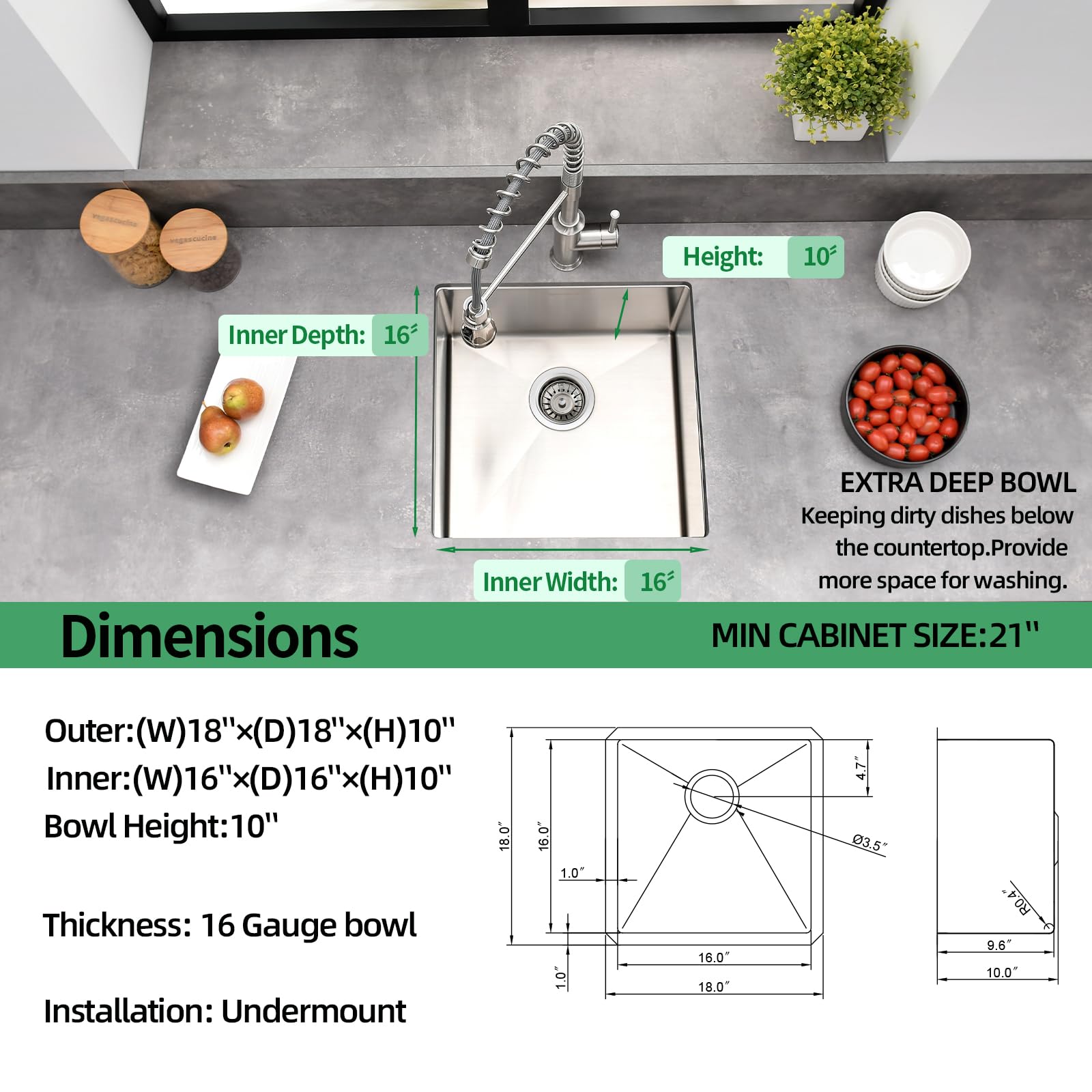 EcoChannels Undermount Kitchen Sink, 18 x 18 x 10 Inch Single Bowl Bar Sink 16 Gauge T-304 Stainless Steel Kitchen Sinks with Accessories