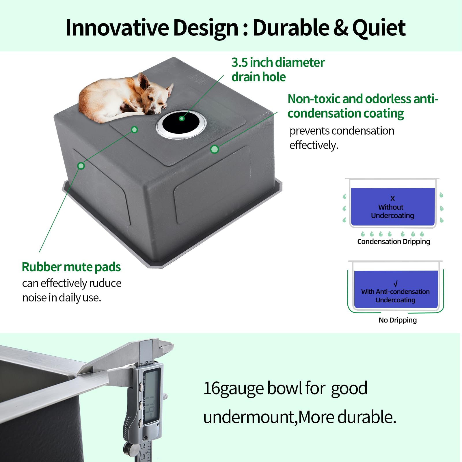 EcoChannels Undermount Kitchen Sink, 18 x 18 x 10 Inch Single Bowl Bar Sink 16 Gauge T-304 Stainless Steel Kitchen Sinks with Accessories