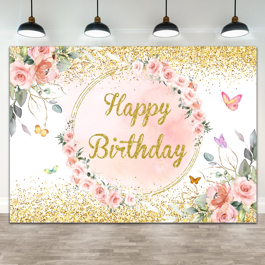 Wollmix Butterfly Happy Birthday Banner Backdrop Decorations 7x5ft Party Sweet 16 Girls Women Pink Florals Glitter Gold Dots Photography Background Supplies Photo Booth Studio Cake Table