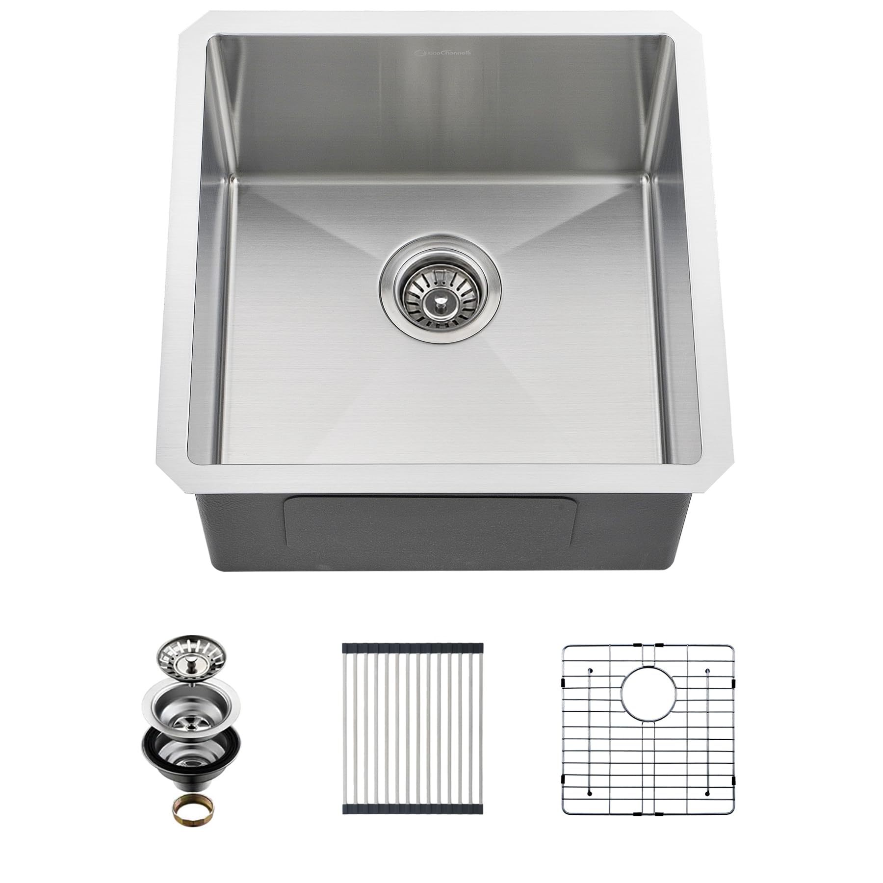 EcoChannels Undermount Kitchen Sink, 18 x 18 x 10 Inch Single Bowl Bar Sink 16 Gauge T-304 Stainless Steel Kitchen Sinks with Accessories