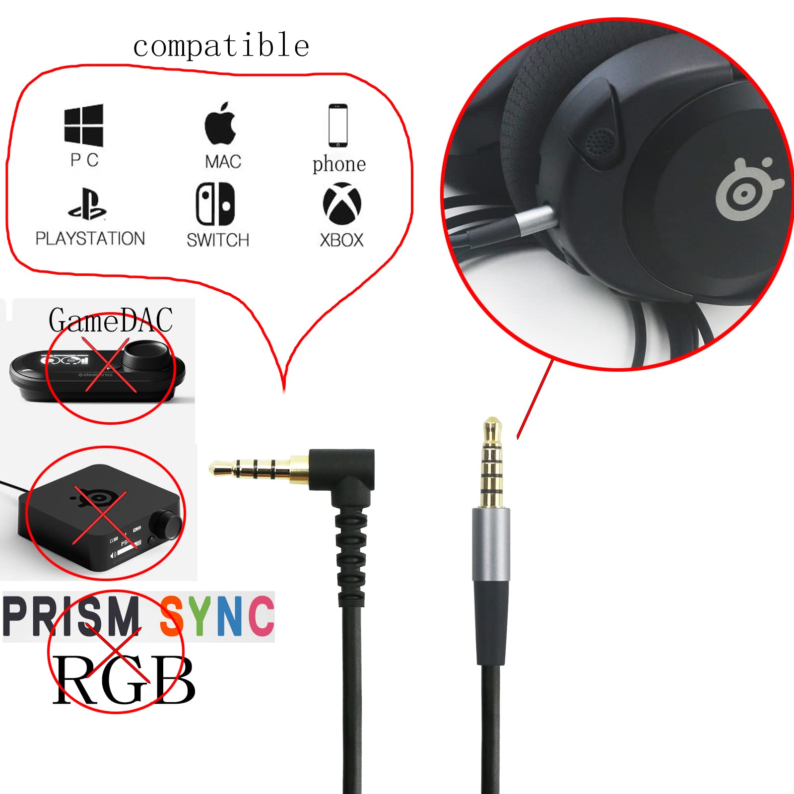 NewFantasia Replacement Audio Cable 3.5mm 5 Pole Male Compatible with SteelSeries Arctis Nova 1, 1X, Pro, 7, 7X, 1P Gaming Headset 1.3meters/4.3feet