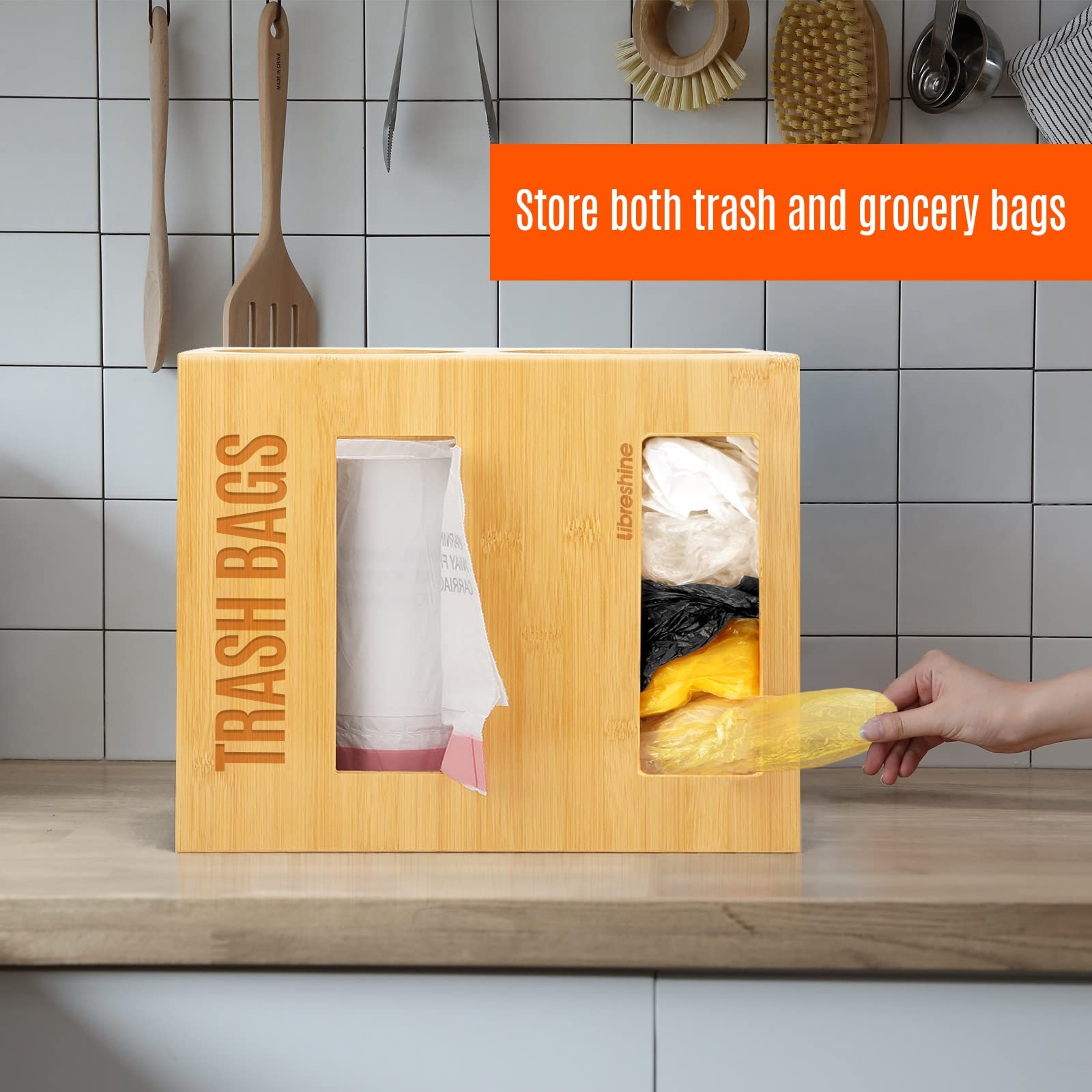 Libreshine 2 in 1 Trash Bag Dispenser Roll Holder 13 Gallon, Garbage Bag Storage Dispenser, Trash Bag Organizer Under Sink, Wall Mount Bamboo Garbage Bag Organizer for 2 Rolls of Plastic Bags