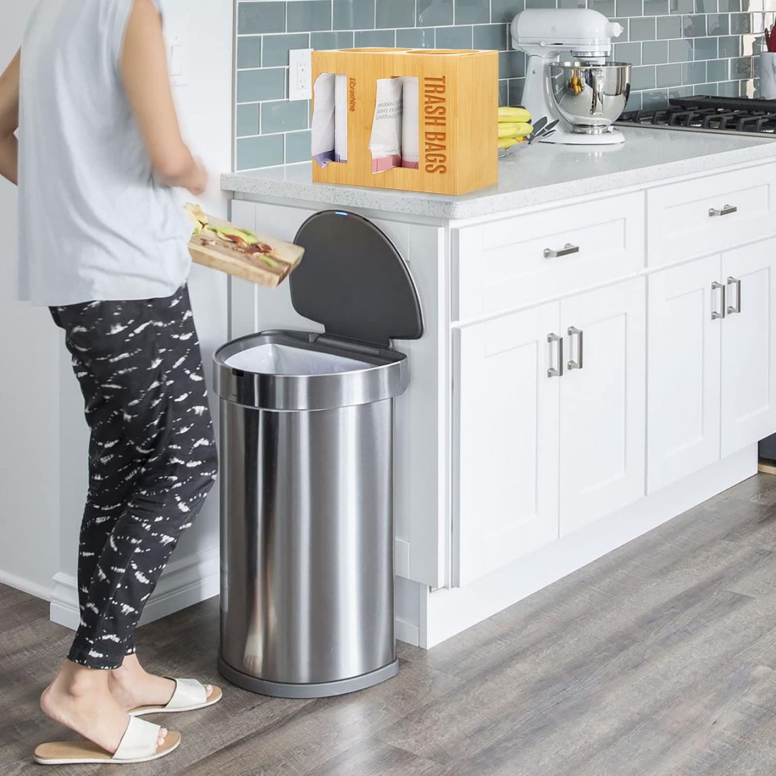 Libreshine 2 in 1 Trash Bag Dispenser Roll Holder 13 Gallon, Garbage Bag Storage Dispenser, Trash Bag Organizer Under Sink, Wall Mount Bamboo Garbage Bag Organizer for 2 Rolls of Plastic Bags