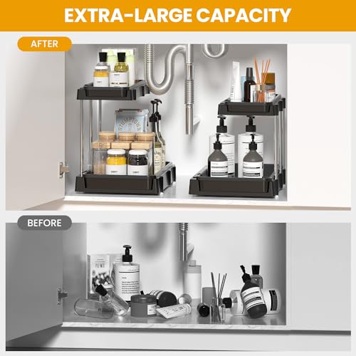 Trusthere Under Sink Organizers and Storage, 2-Tier Sliding Kitchen Sink Organizer, Bathroom Organizers and Storage Shelf Drawer, L-shapeUnder Sink Storage for Kitchen Bathroom Cabinet