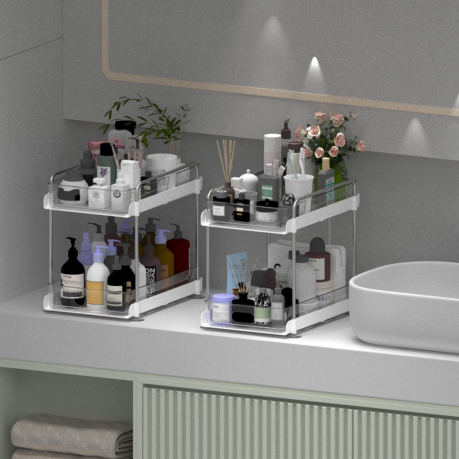Alwytlon 2 Sets of 2-Tier Under Sink Organizer and Storage, Sliding Bathroom Cabinet Organizer with Hooks, Multi-purpose Pull Out Storage Shelf for Bathroom Kitchen, transparent & White